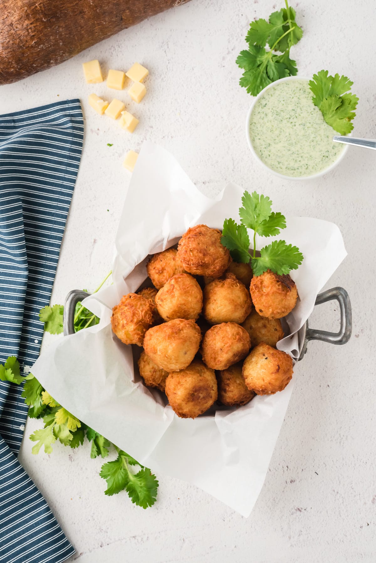Cheese Stuffed Fried Yuca Balls & Cilantro Dressing - My Dominican Kitchen